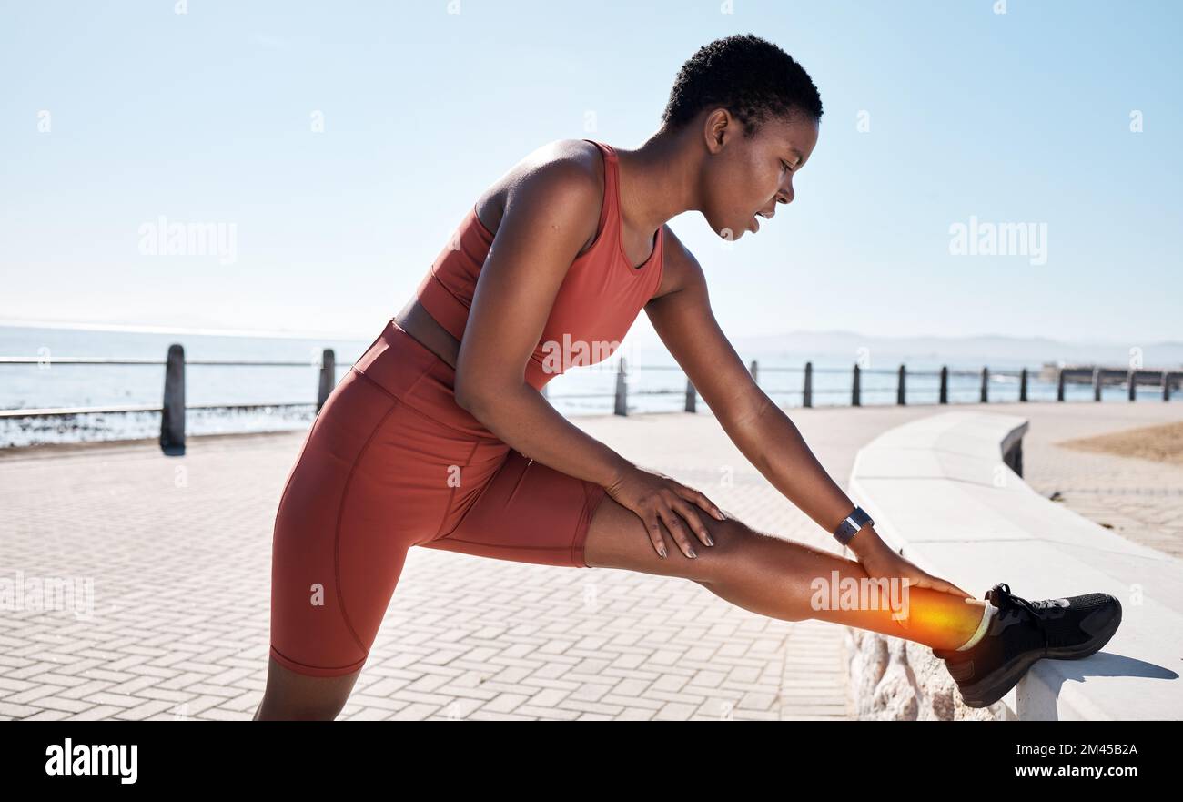 Fitness, pain or black woman with shin injury from running accident in ...