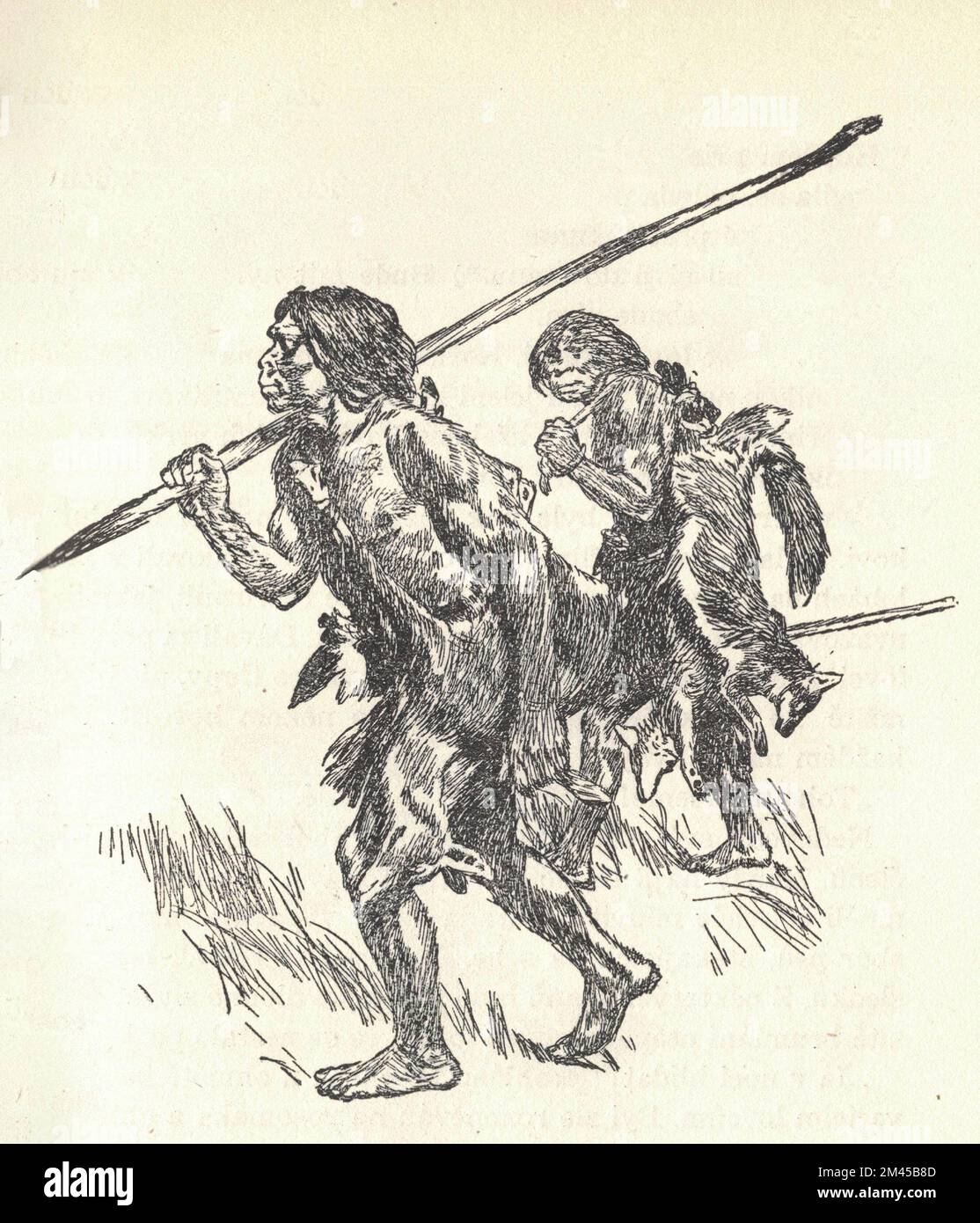 Prehistoric men return from the hunt with their catch. Old black and ...