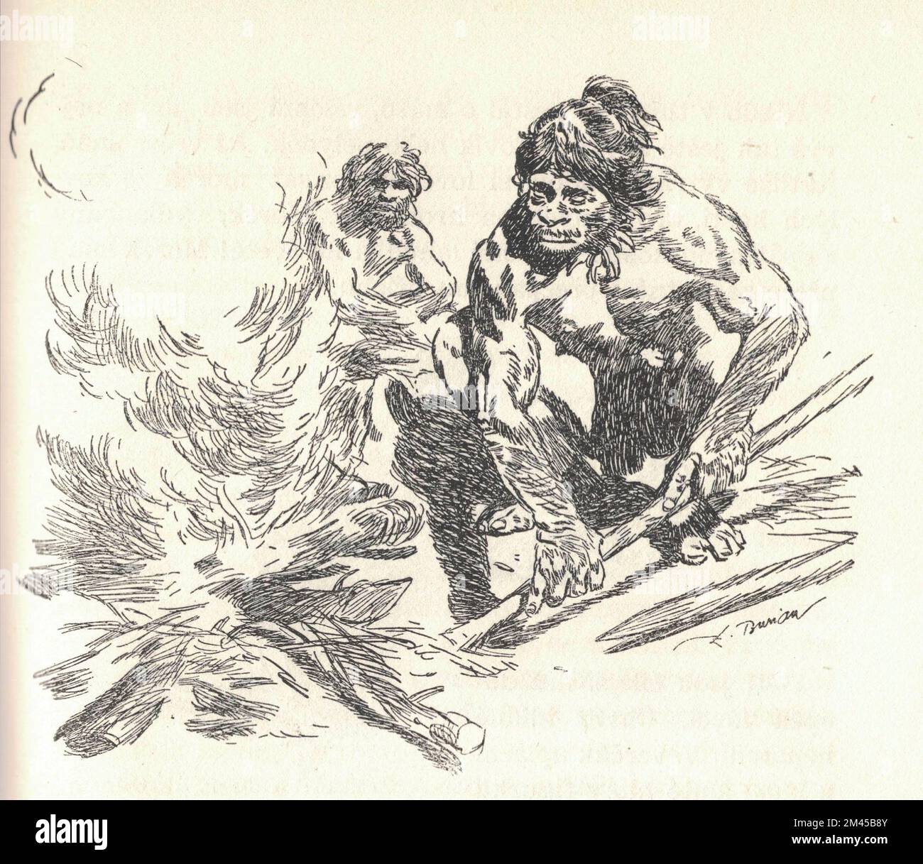 The prehistoric man adds to the fire. Old black and white illustration ...