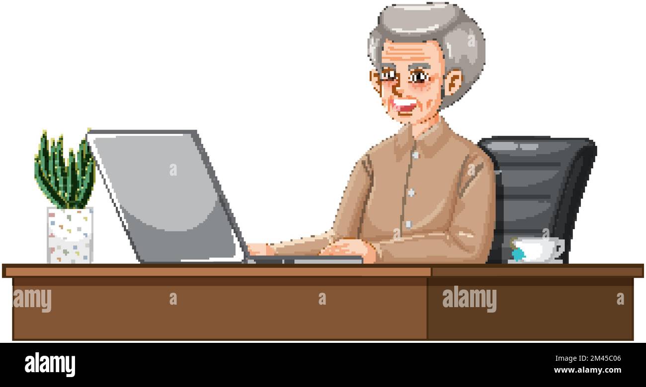 Old man using laptop on the desk illustration Stock Vector Image & Art ...