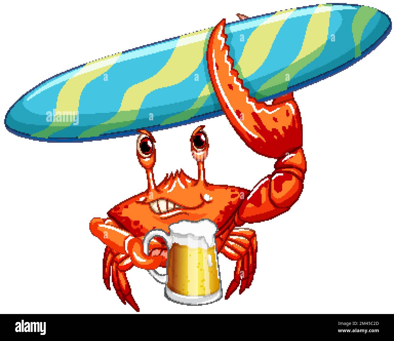 Cute crab cartoon character holding beer and surfboard illustration ...