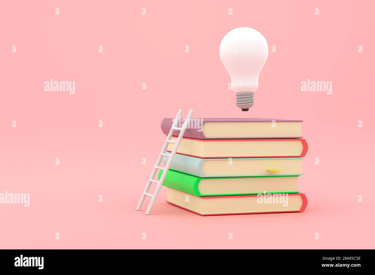 3D. stack of books with white ladder and illuminated light bulb on top ...