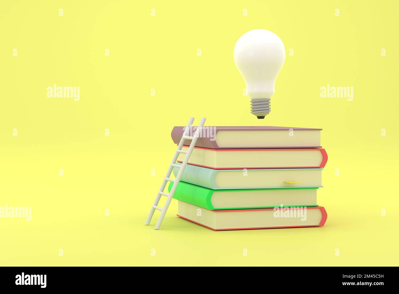 3D. stack of books with white ladder and illuminated light bulb on top ...