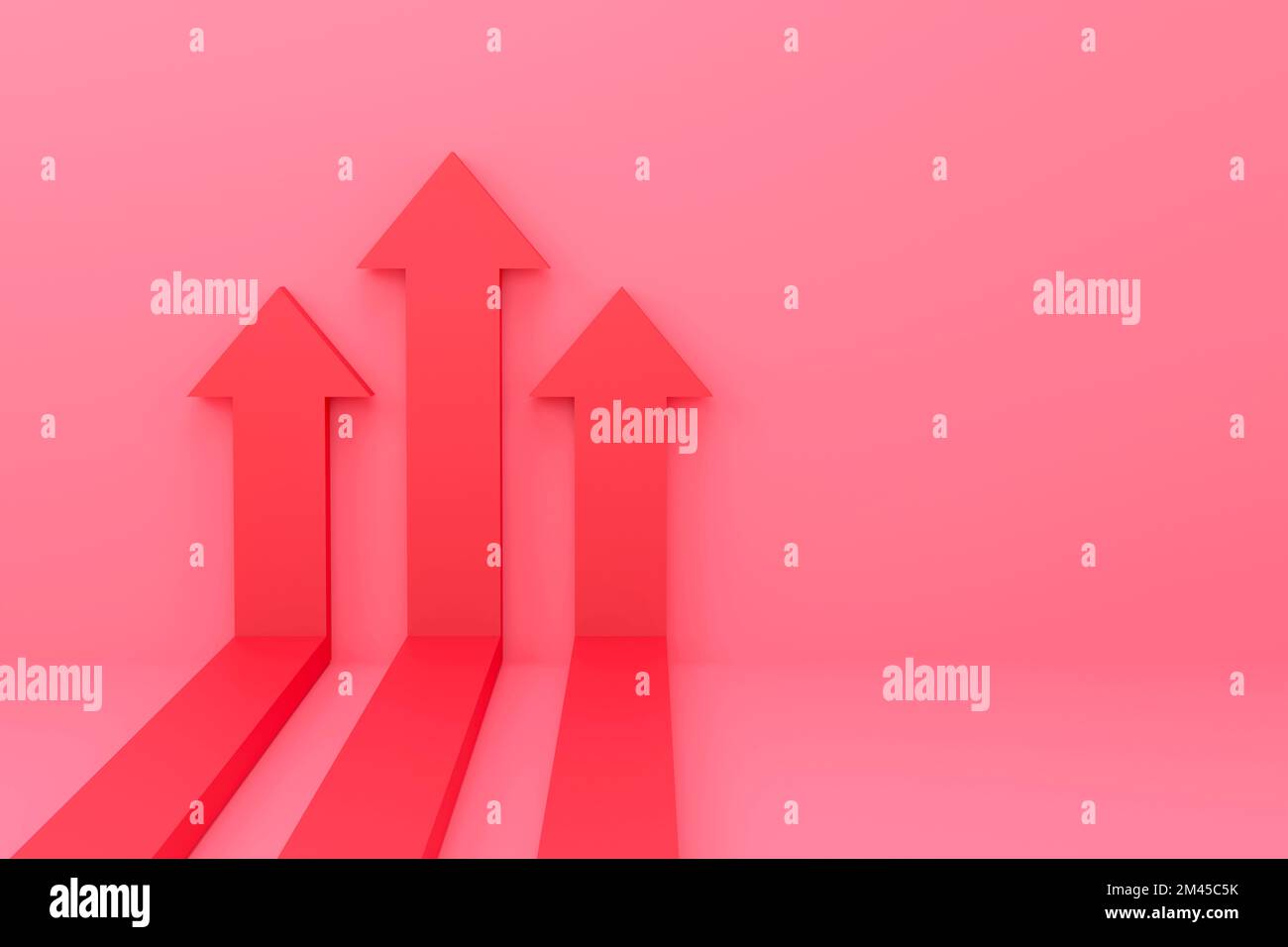 3D. red arrows rising on the wall, growth chart or graph investment ...