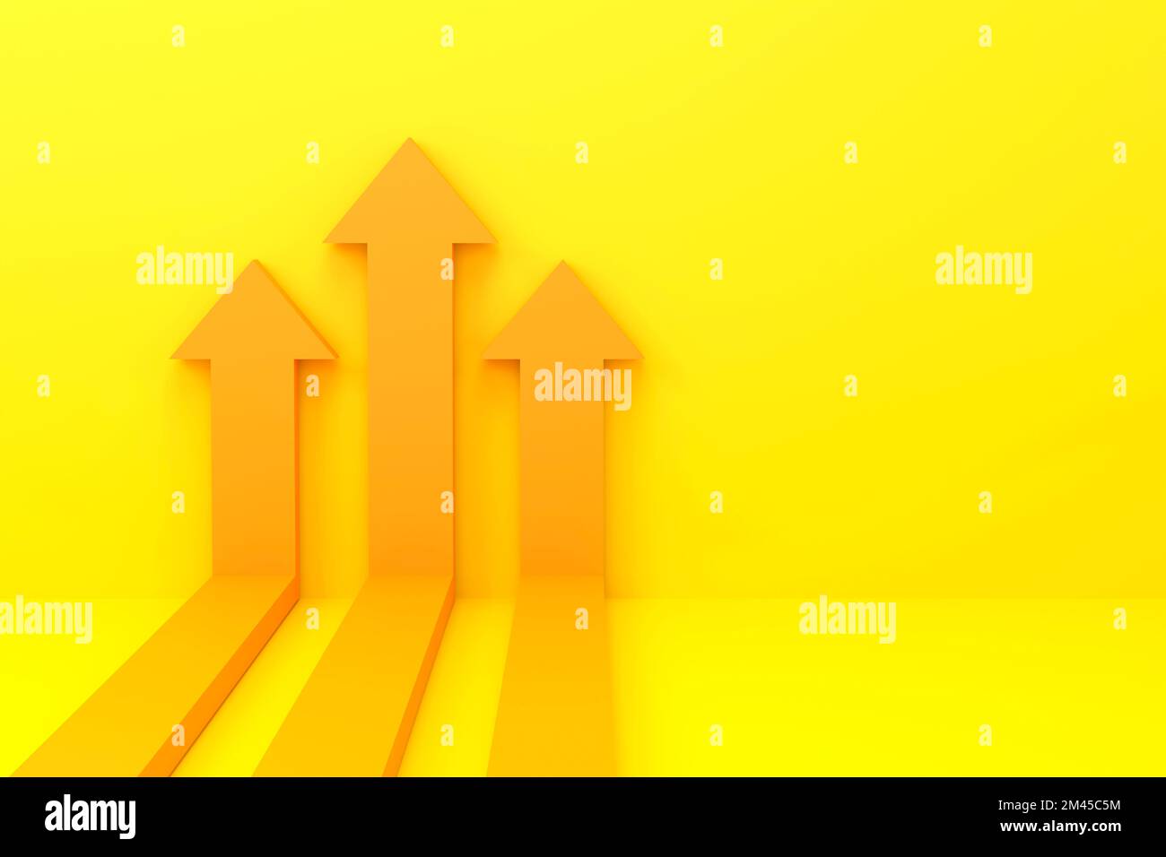 3D. yellow arrows rising on the wall, growth chart or graph investment ...