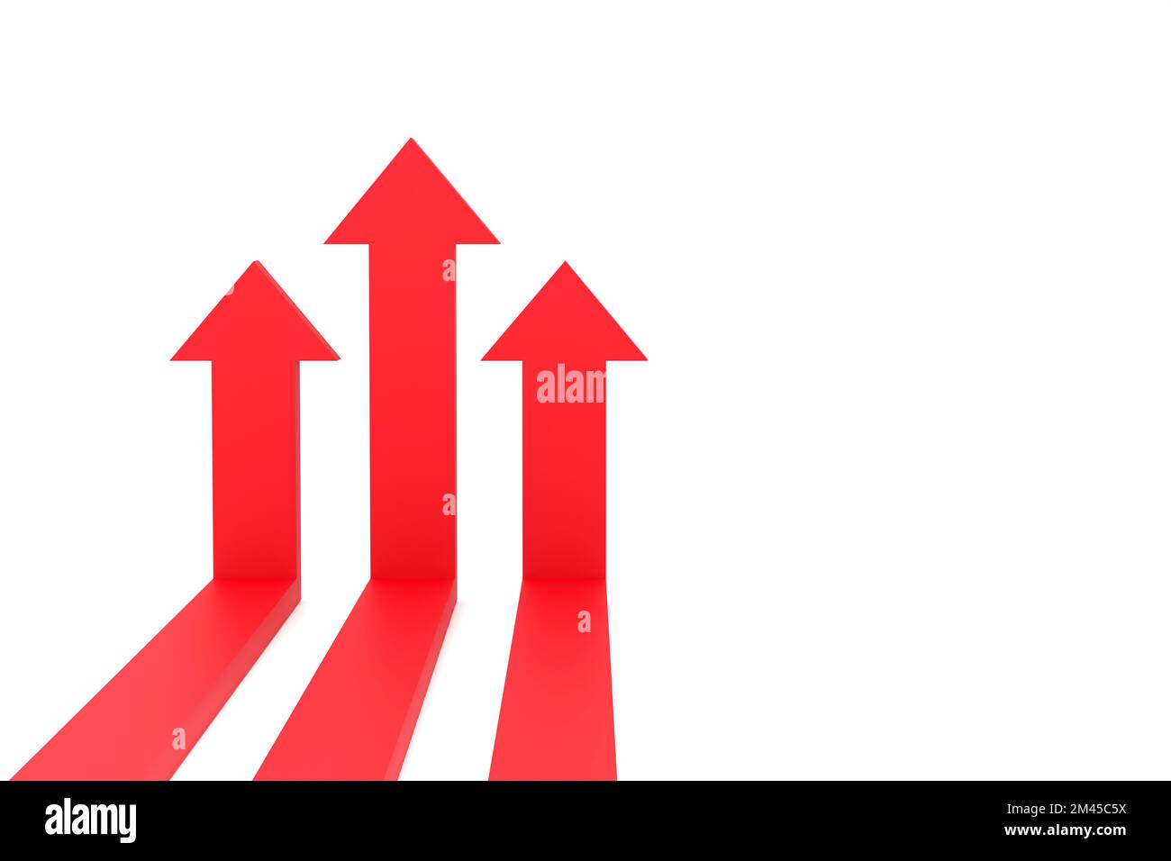 3D. red arrows rising on the wall, growth chart or graph investment ...