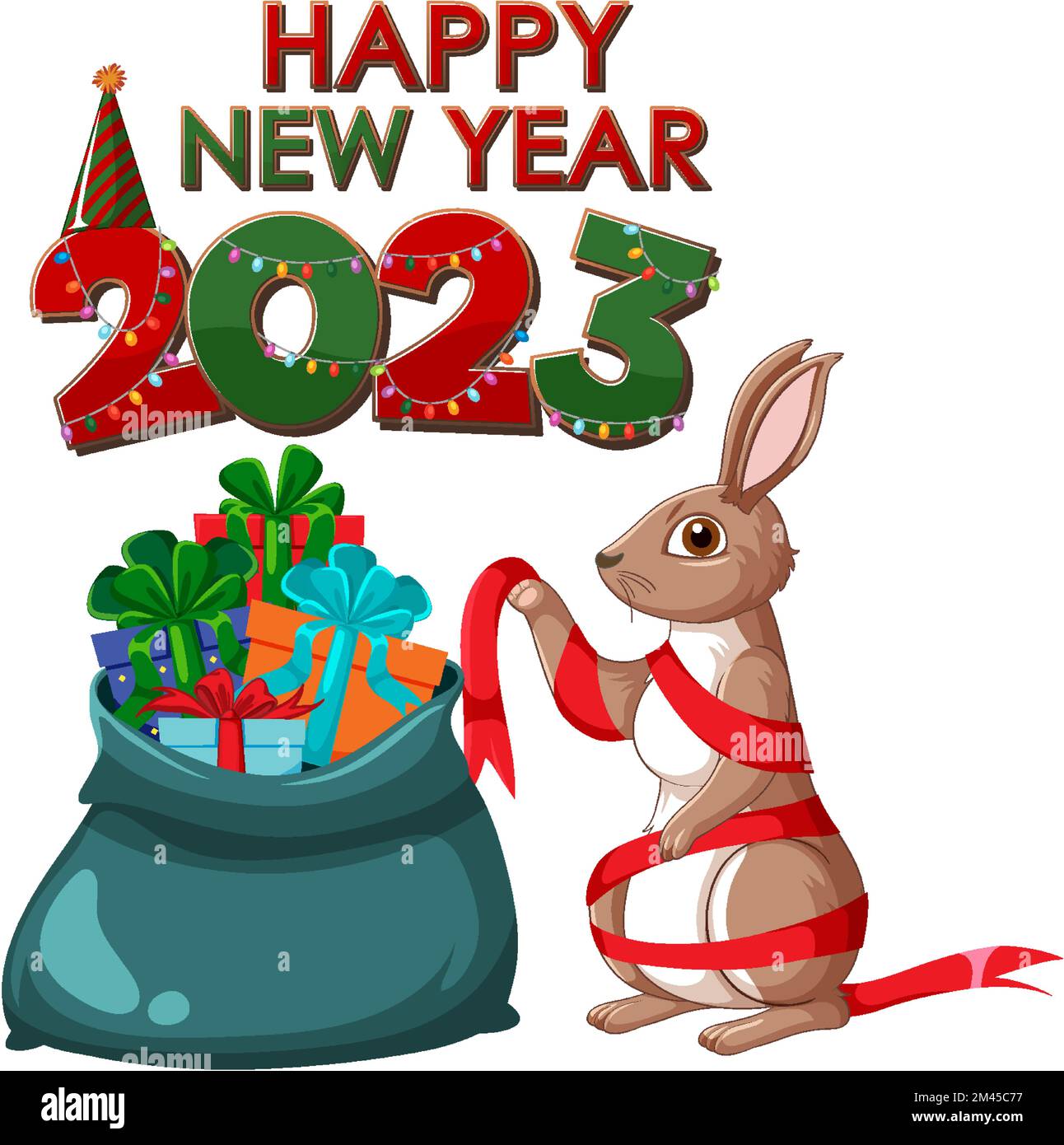 Happy New Year text with cute rabbit for banner design illustration ...
