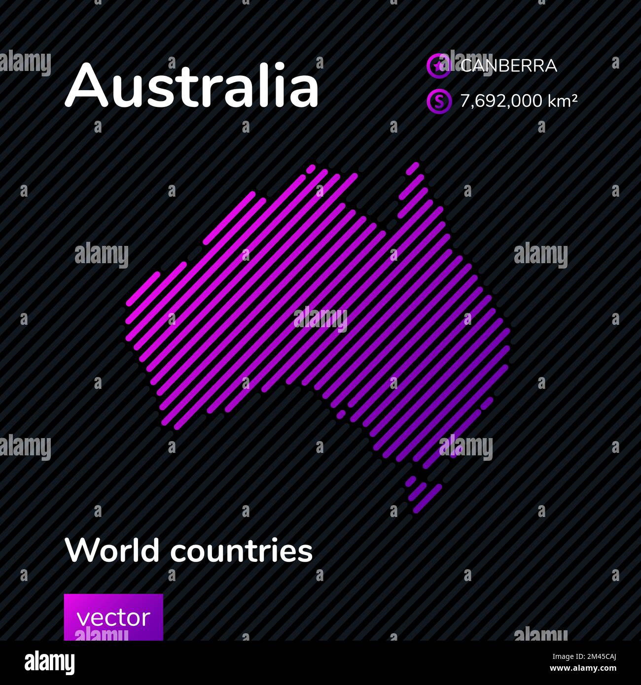 Australia vector stylized striped map in violet and black colors. Flat ...