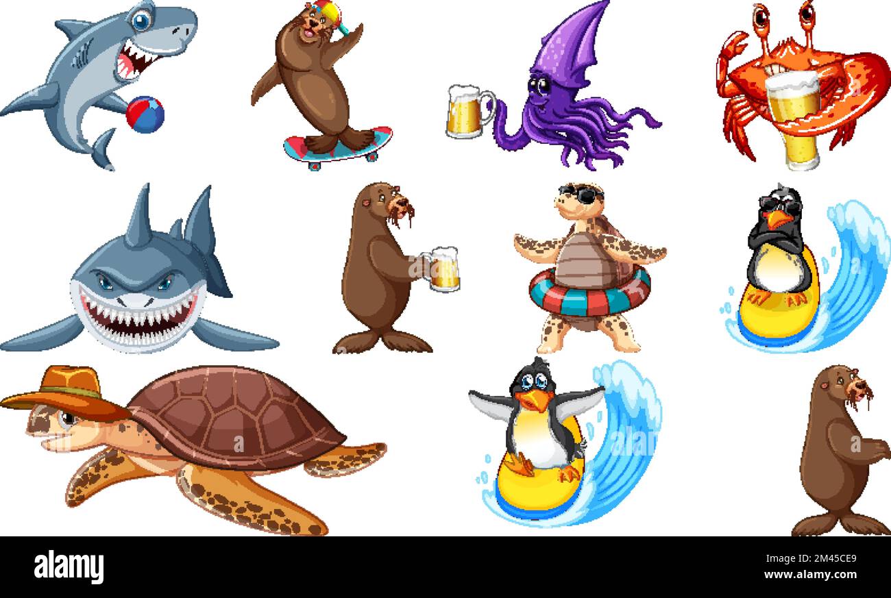 Set of sea animal cartoon character illustration Stock Vector Image ...