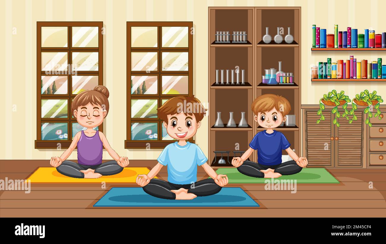 People practicing yoga exercise and meditation illustration Stock ...