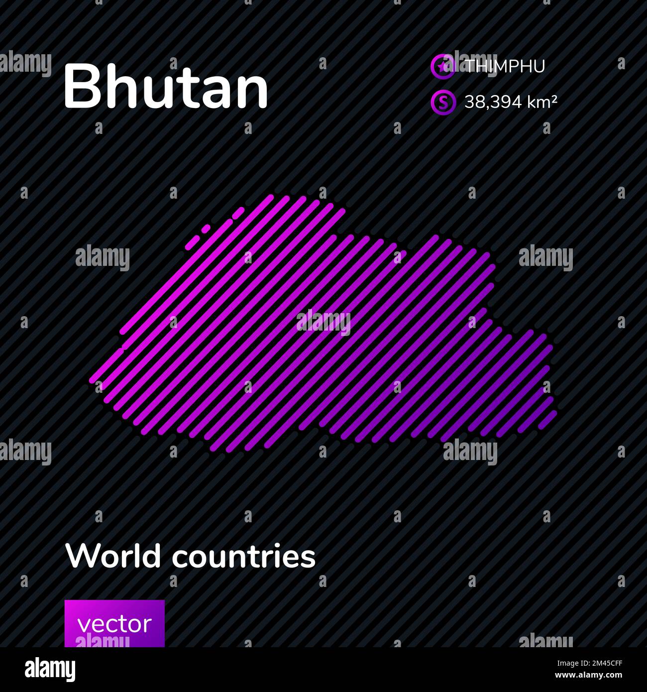 Stylized vector map of Bhutan in violet and black colors. Flat style. Educational banner, poster ...