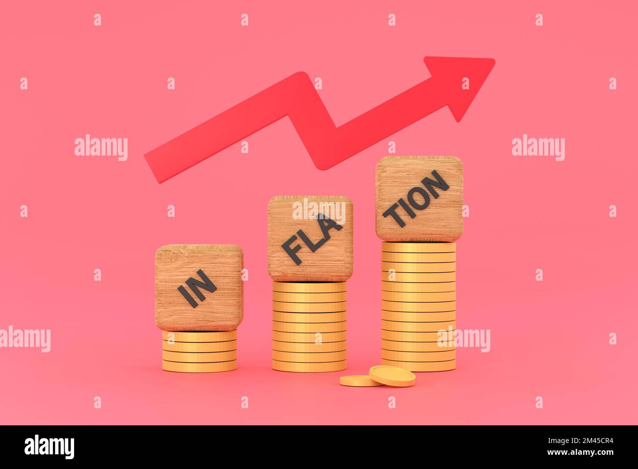 3D. INFLATION word on a wooden cube on coins in idea, world economics ...