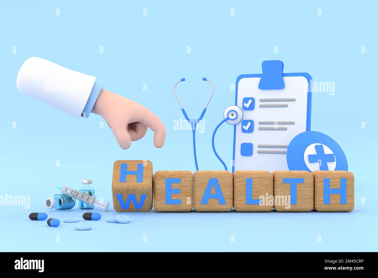 3d. Hand doctor is turning a dice and changes the word "Health" to ...