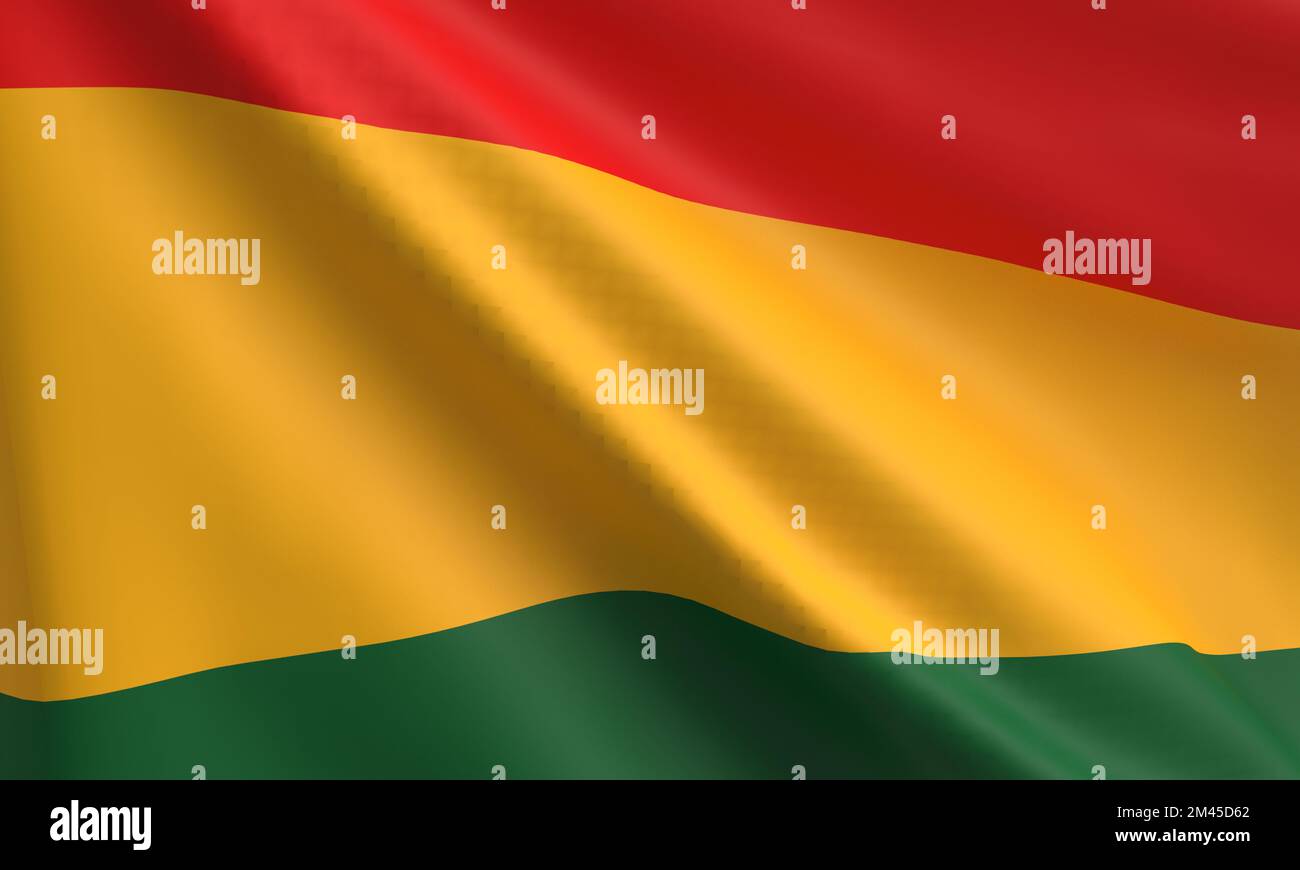 Red pink orange yellow golden green color waving flag blue sky ...