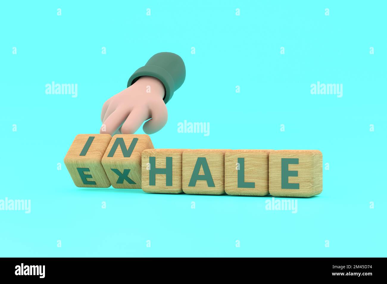 3d. Hand turns dice and changes the word "INHALE" to "EXHALE". Inhale ...