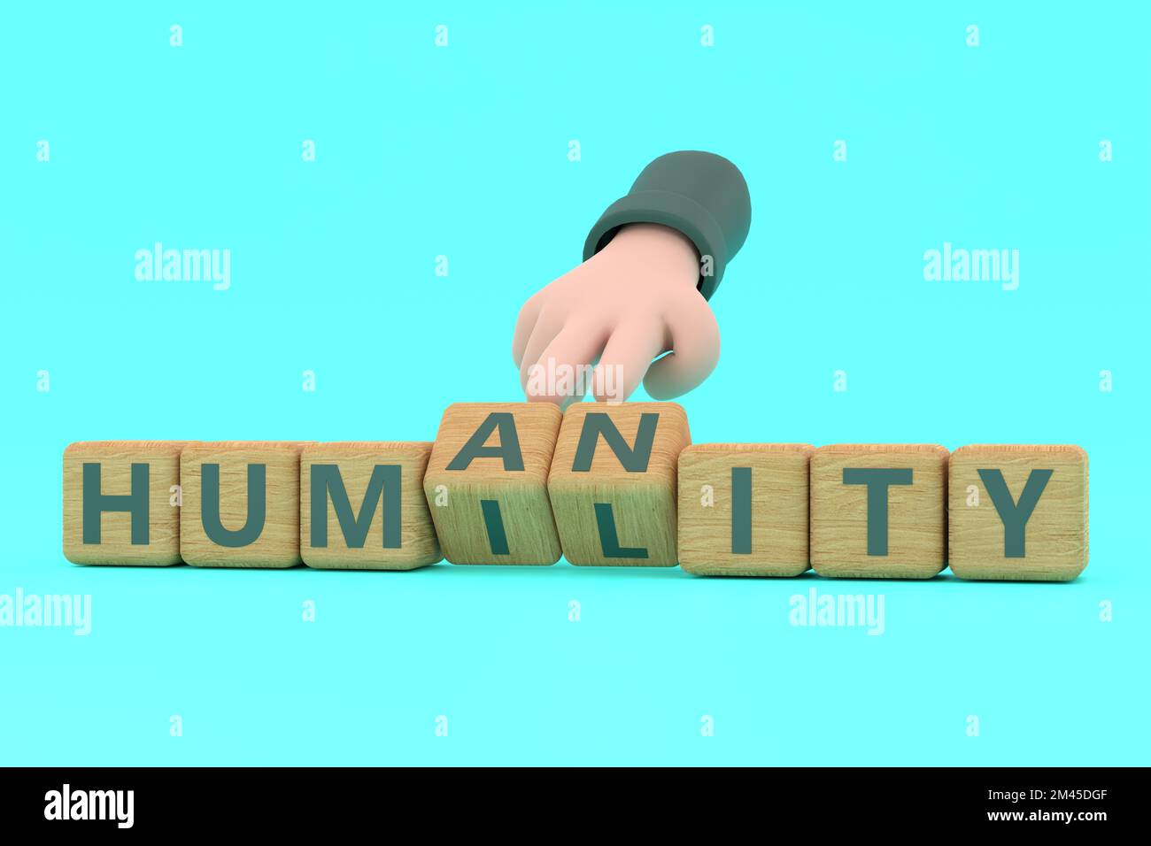 3d. Hand turns dice and changes the word " humanity" to "humility Stock ...