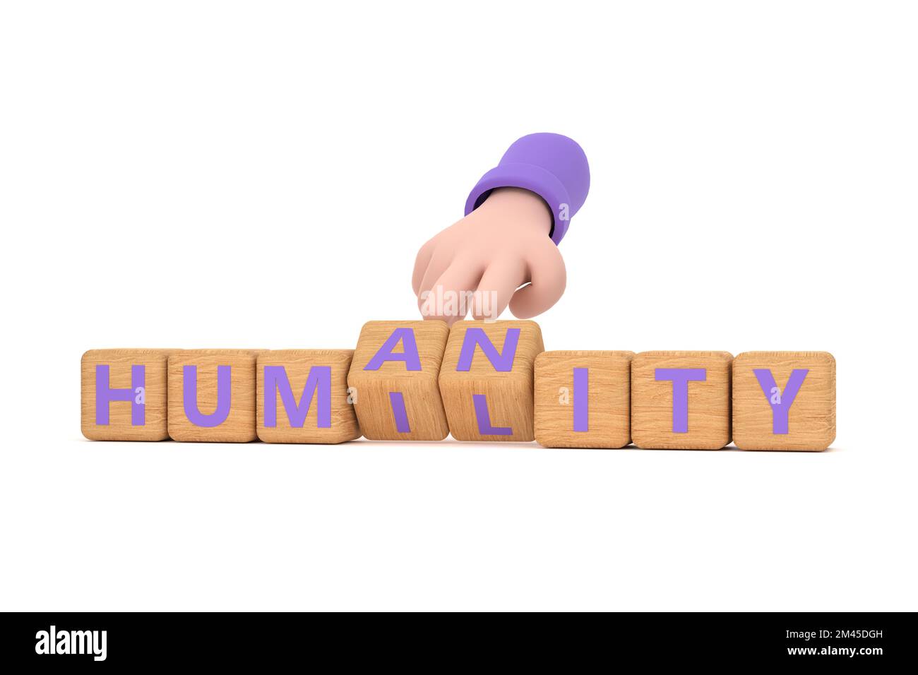 3d. Hand turns dice and changes the word " humanity" to "humility Stock ...