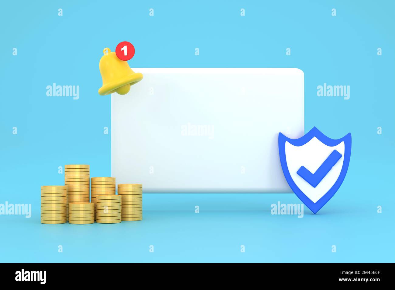 3D. Empty reminder pop up, notification bell icon with shield, check ...