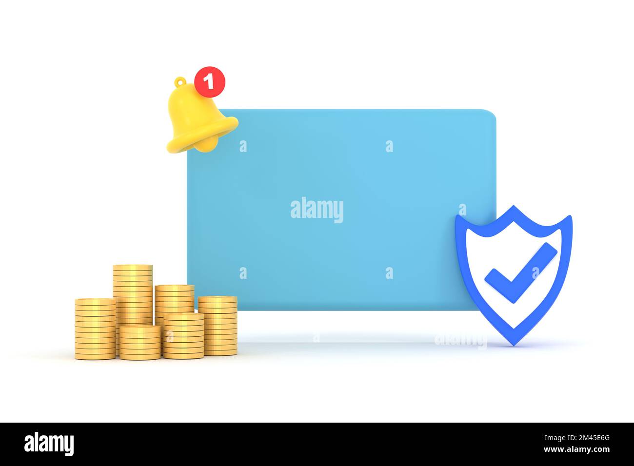 3D. Empty reminder pop up, notification bell icon with shield, check ...