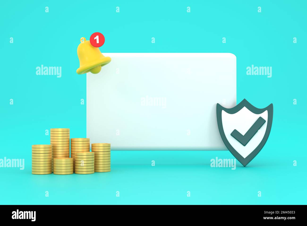 3D. Empty reminder pop up, notification bell icon with shield, check ...