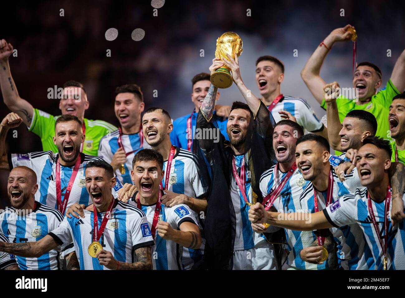 Doha, Qatar. 18th Dec, 2022. Lionel Messi of Argentina lifts the FIFA ...