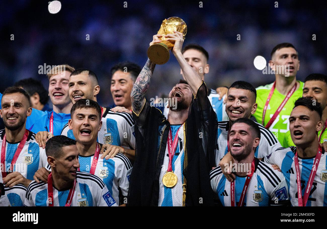 Doha, Qatar. 18th Dec, 2022. Lionel Messi of Argentina lifts the FIFA ...