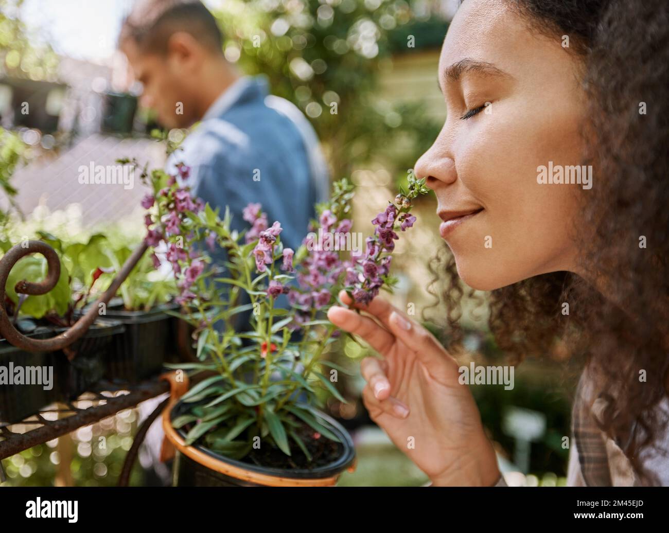 Smelling, plants and face of a woman at a nursery, flower shopping and ...