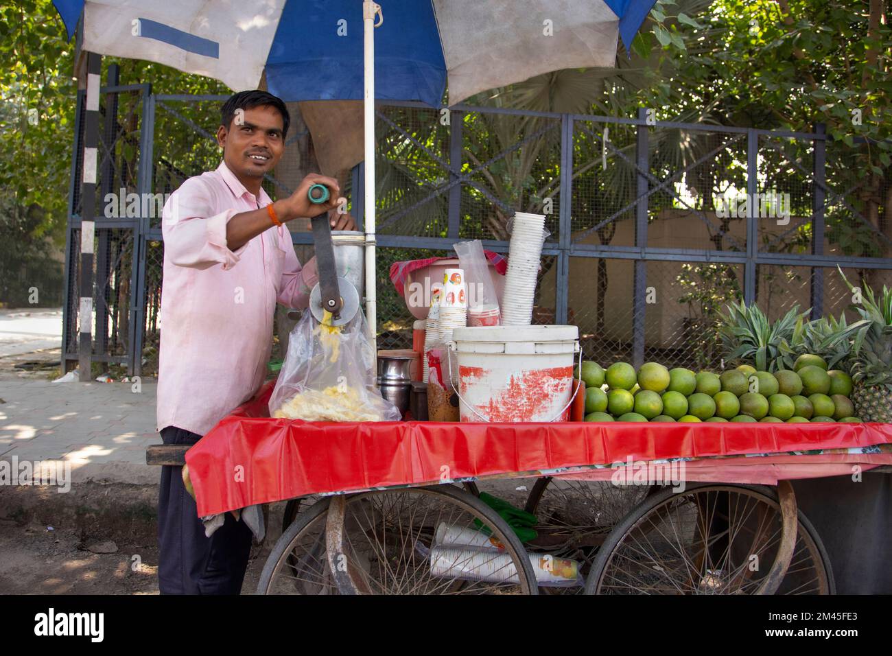 Male street vendor making fruit juice at his juice shop Stock Photo - Alamy
