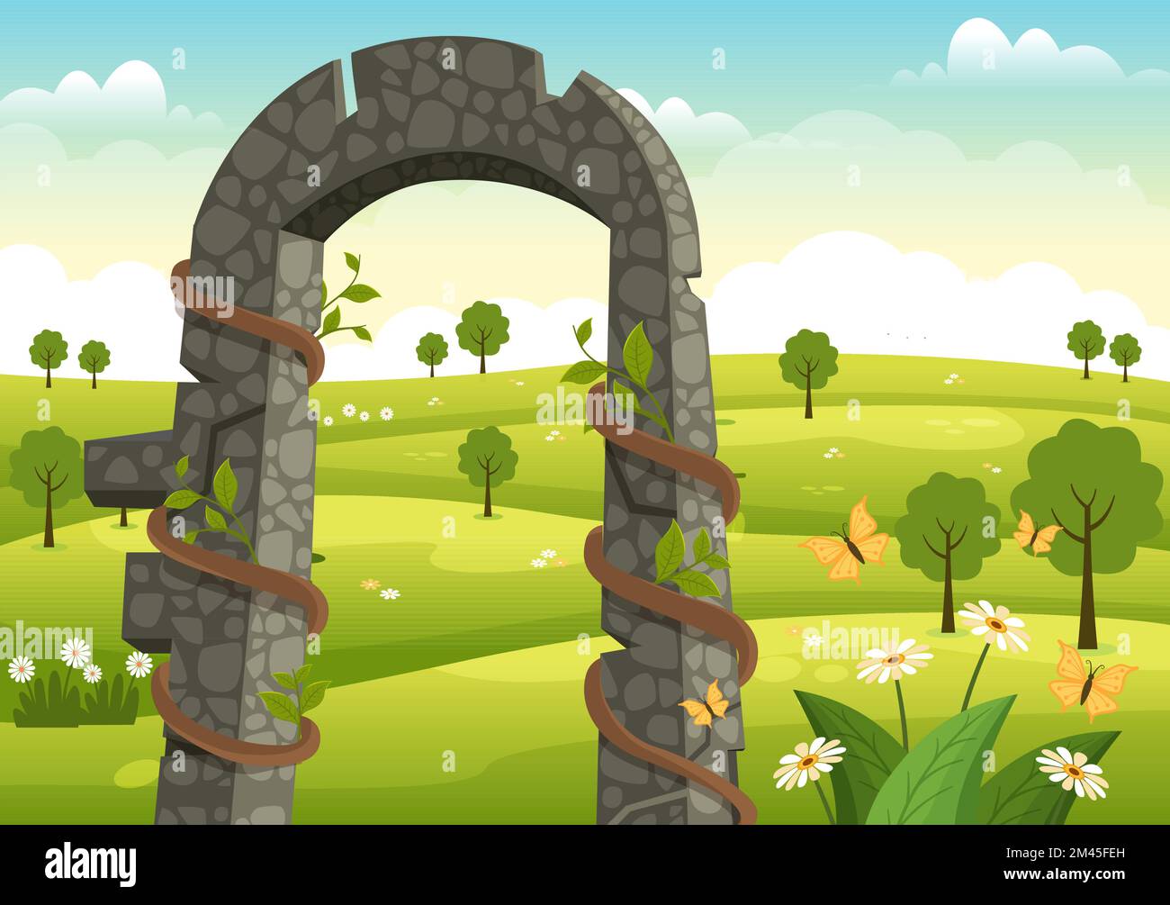 Portal with Summer Landscape Stone Arch Entrance to Public Park, Green ...