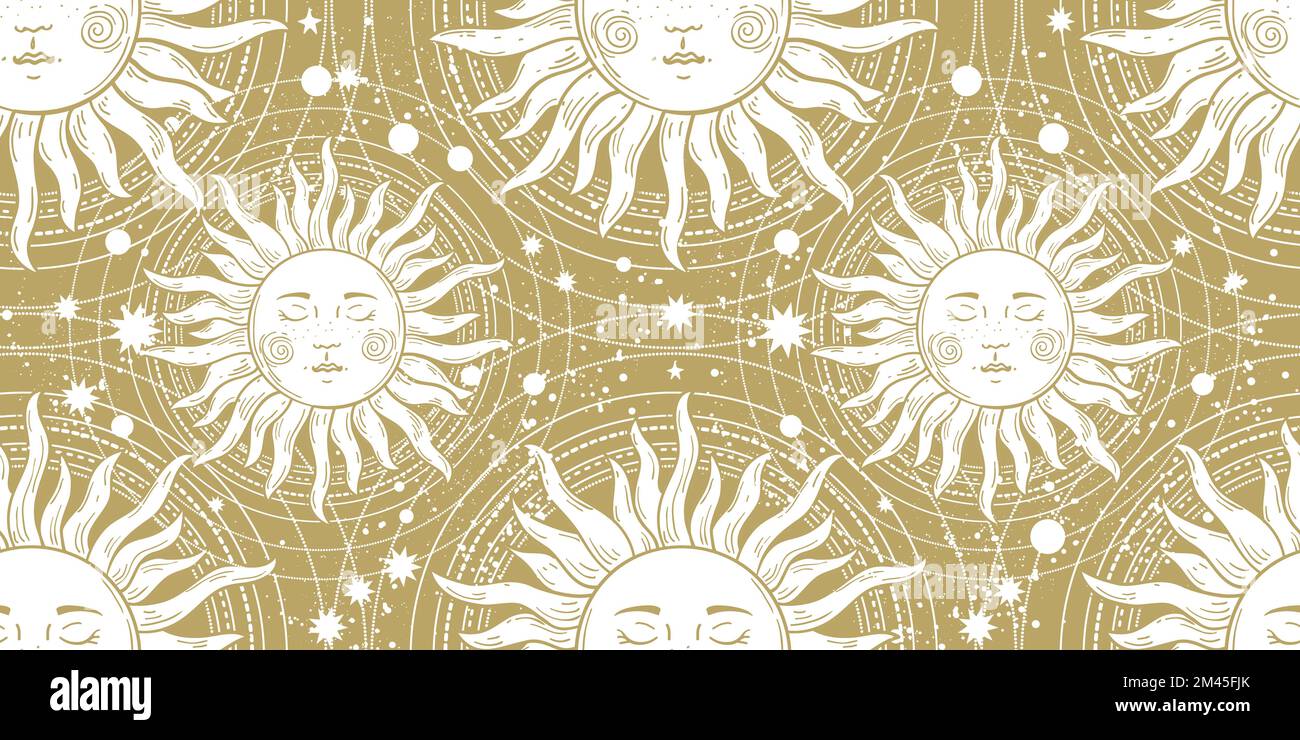 White sun with a face on a golden background, a seamless magical ...