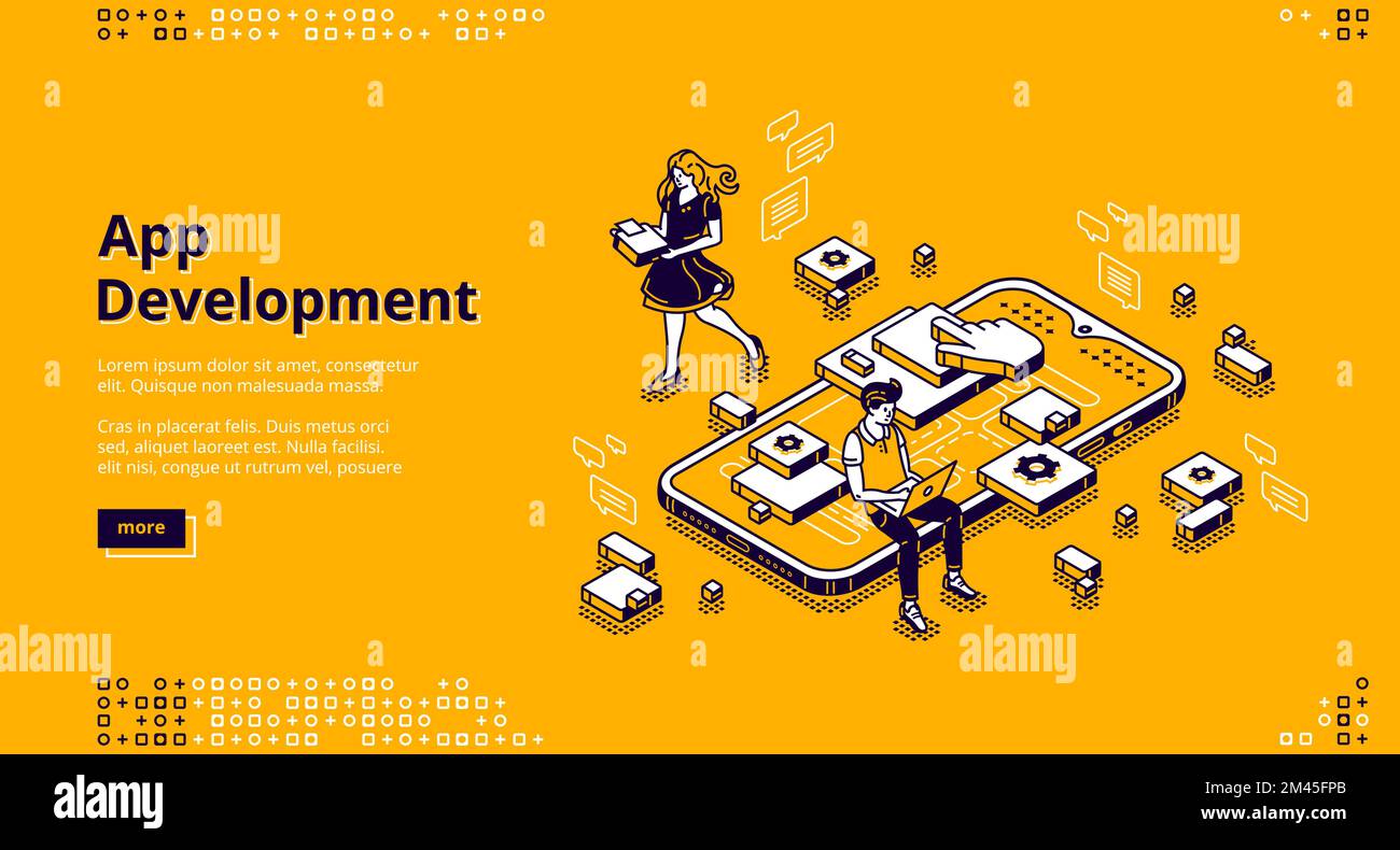 Mobile app development isometric landing page. User experience, ui ux phone interface design ...