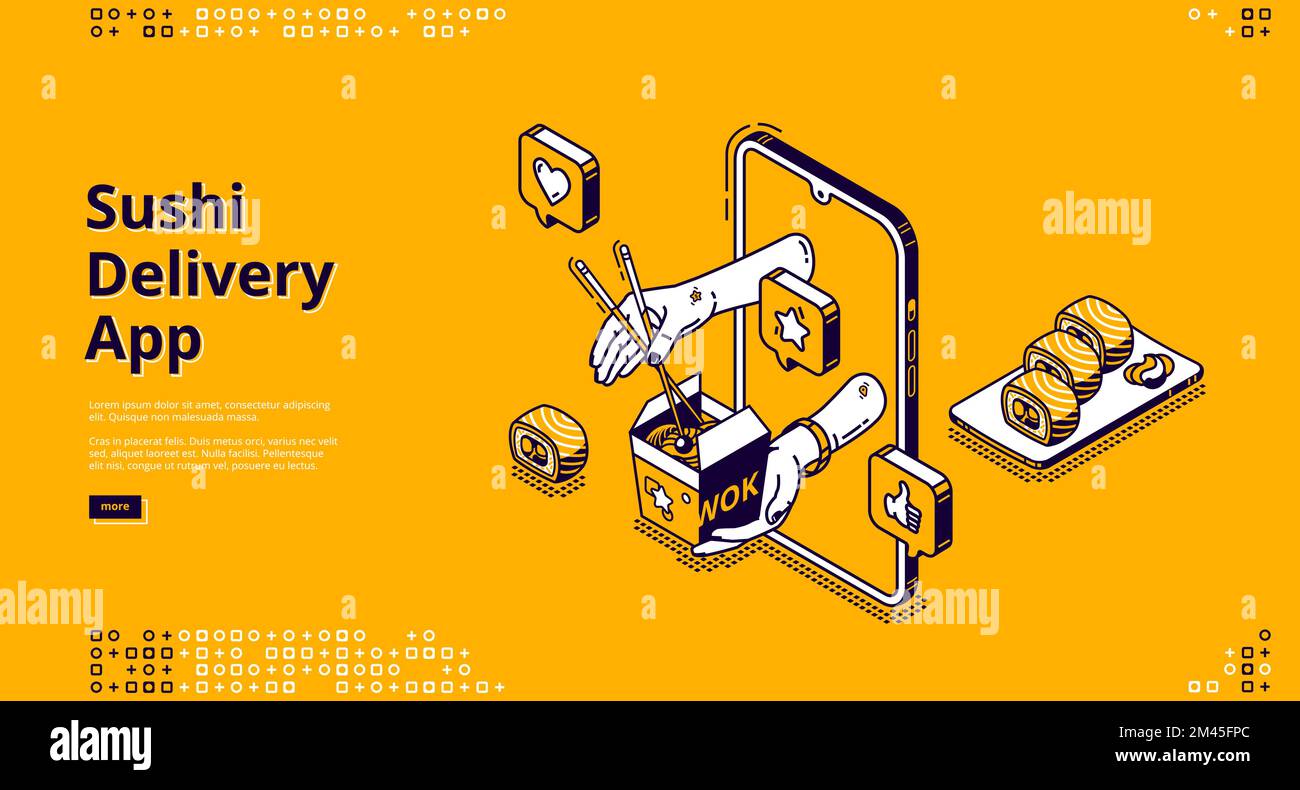 Sushi delivery isometric landing page. Mobile app, online service for ...