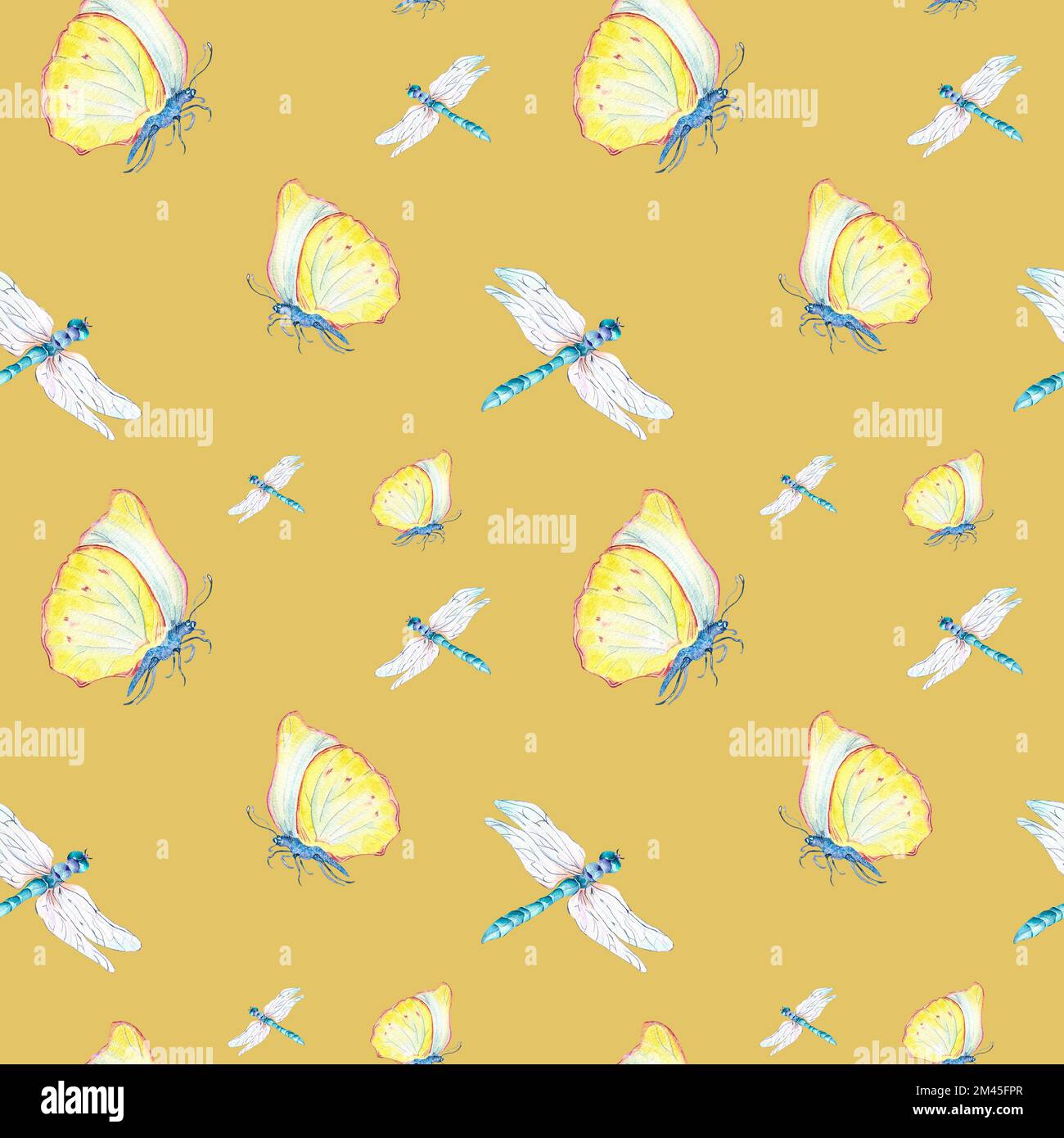 Butterfly and dragonfly watercolor seamless pattern on yellow. Yellow ...