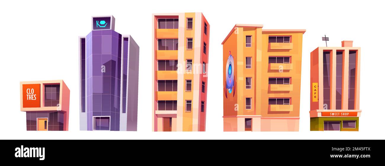City buildings, modern houses architecture clothe store, cafe and sweet ...