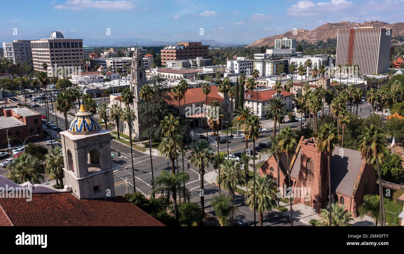 Daytime aerial view of historic downtown Riverside, California, USA ...