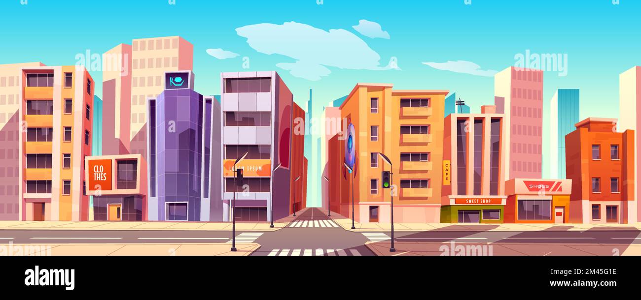 City street with houses, road with pedestrian crosswalk, traffic lights ...