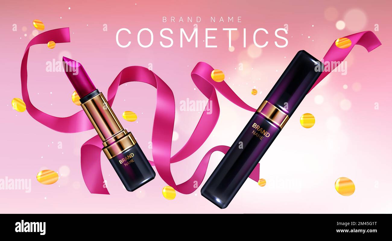 Lipstick cosmetics make up with confetti and pink ribbon beauty product ...