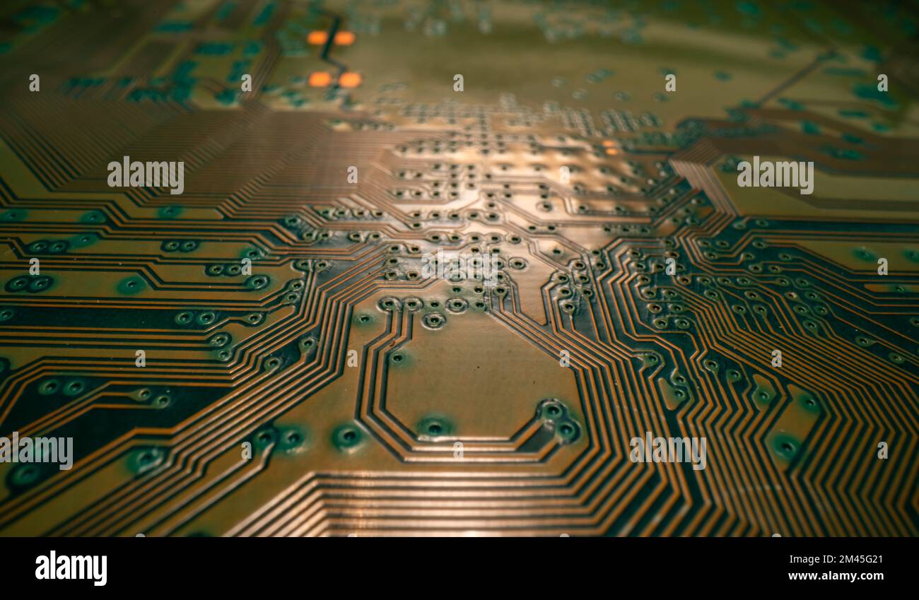 Circuit board. Technological electronic plate with roads and other components, selective focus ...