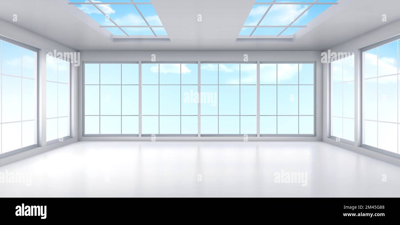 Empty office with large windows on ceiling and floor. Room interior in white colors. Internal ...