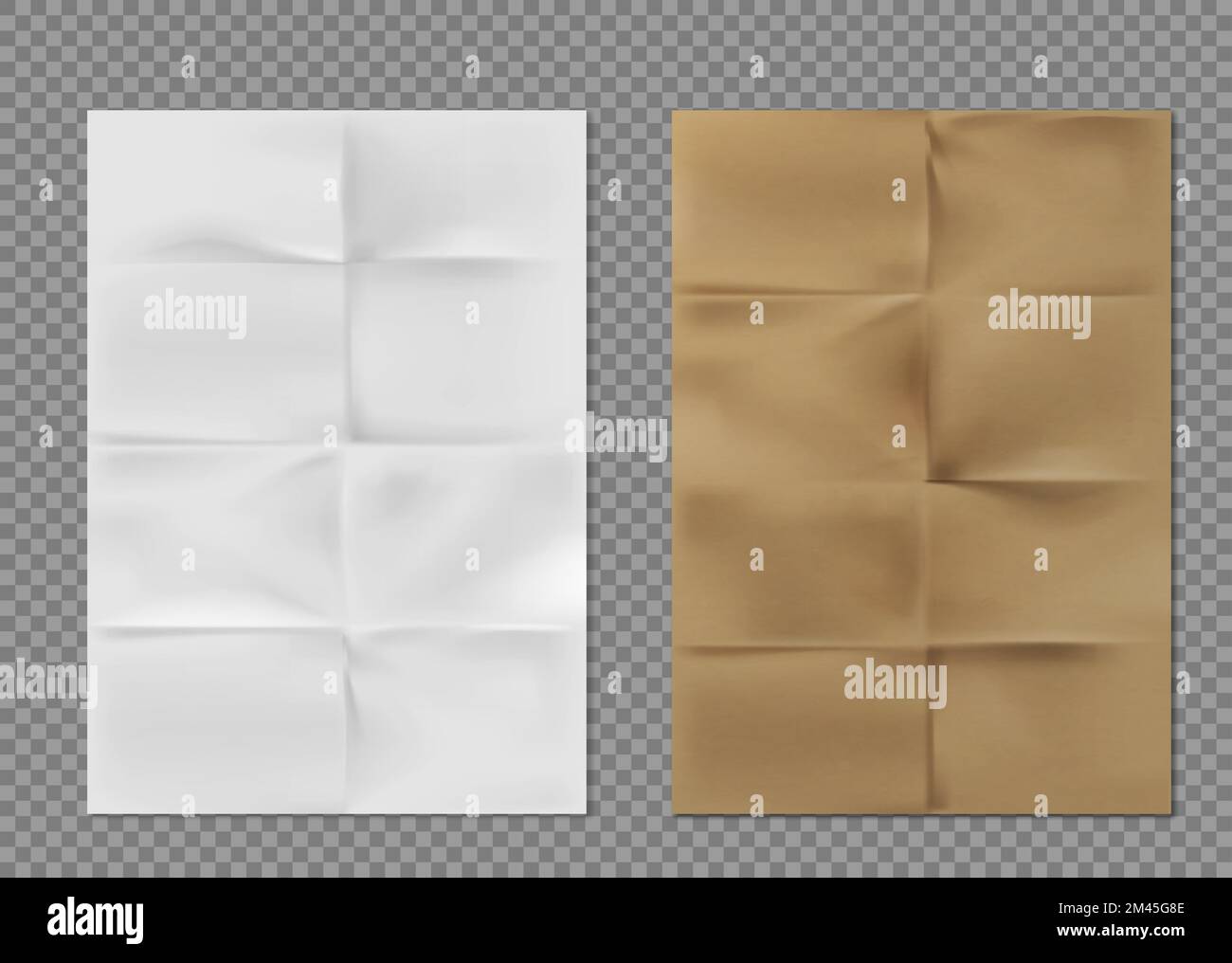 Wrinkled paper texture, white and brown kraft folded sheets. Blank ...
