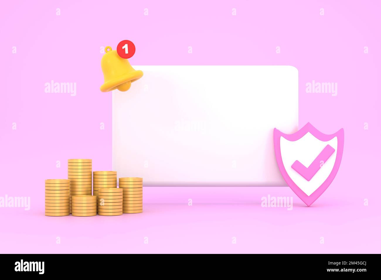 3D. Empty reminder pop up, notification bell icon with shield, check ...