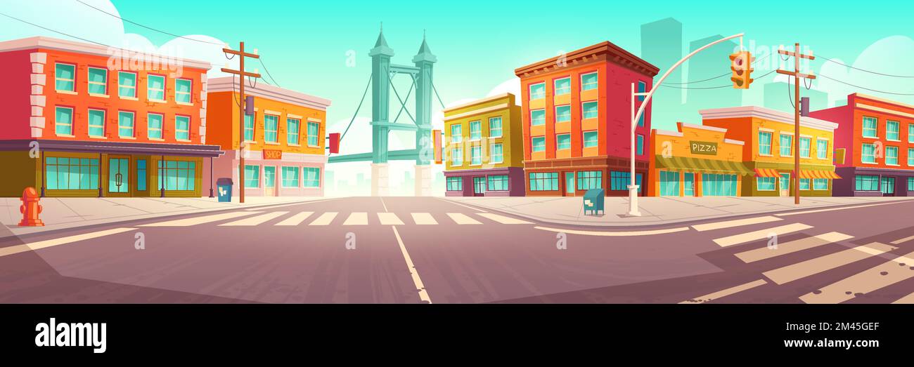 City street with houses, road with pedestrian crosswalk and traffic ...