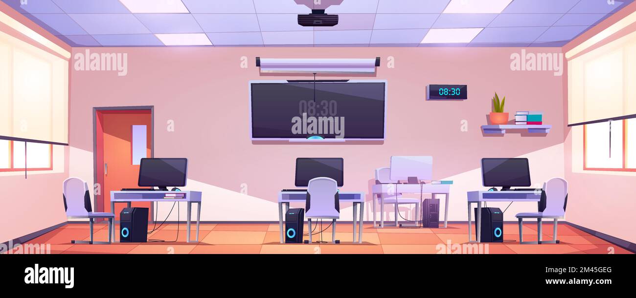 Computer class, open space office interior. Empty school, modern ...