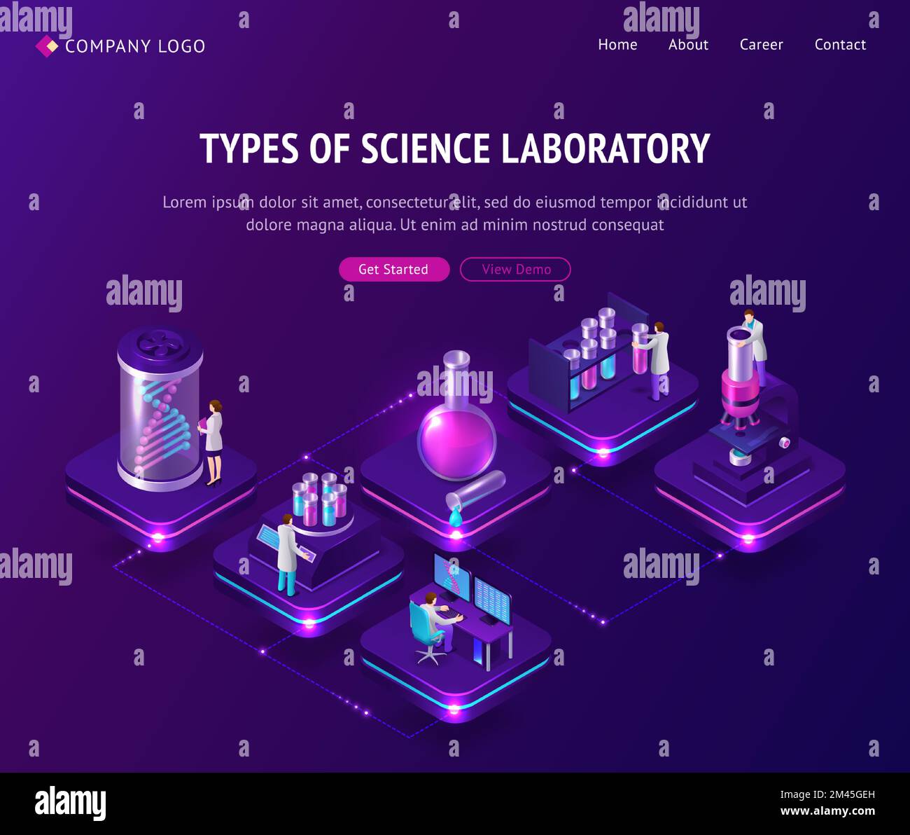 Vaccine development in laboratory isometric landing page, scientists ...