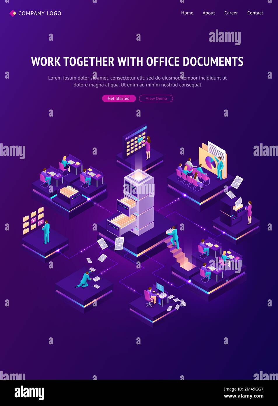 Work with documents isometric landing page, office people working with ...