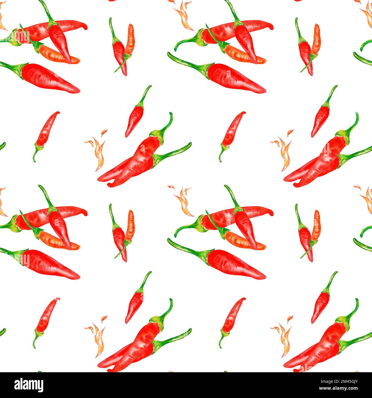Tabasco hot pepper and flame watercolor seamless pattern isolated on ...