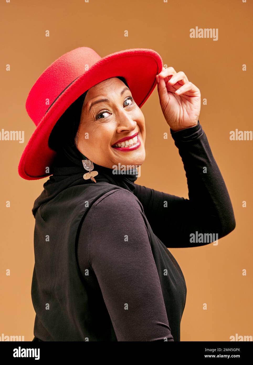 Muslim model, fashion hat portrait and smile for beauty, style and ...