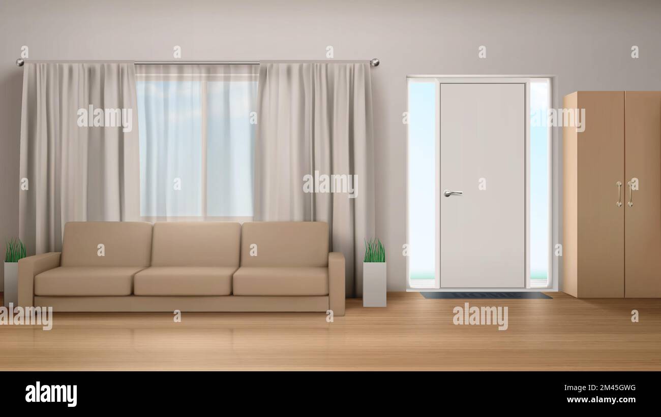 Living room interior with couch, wardrobe, curtained window and door ...