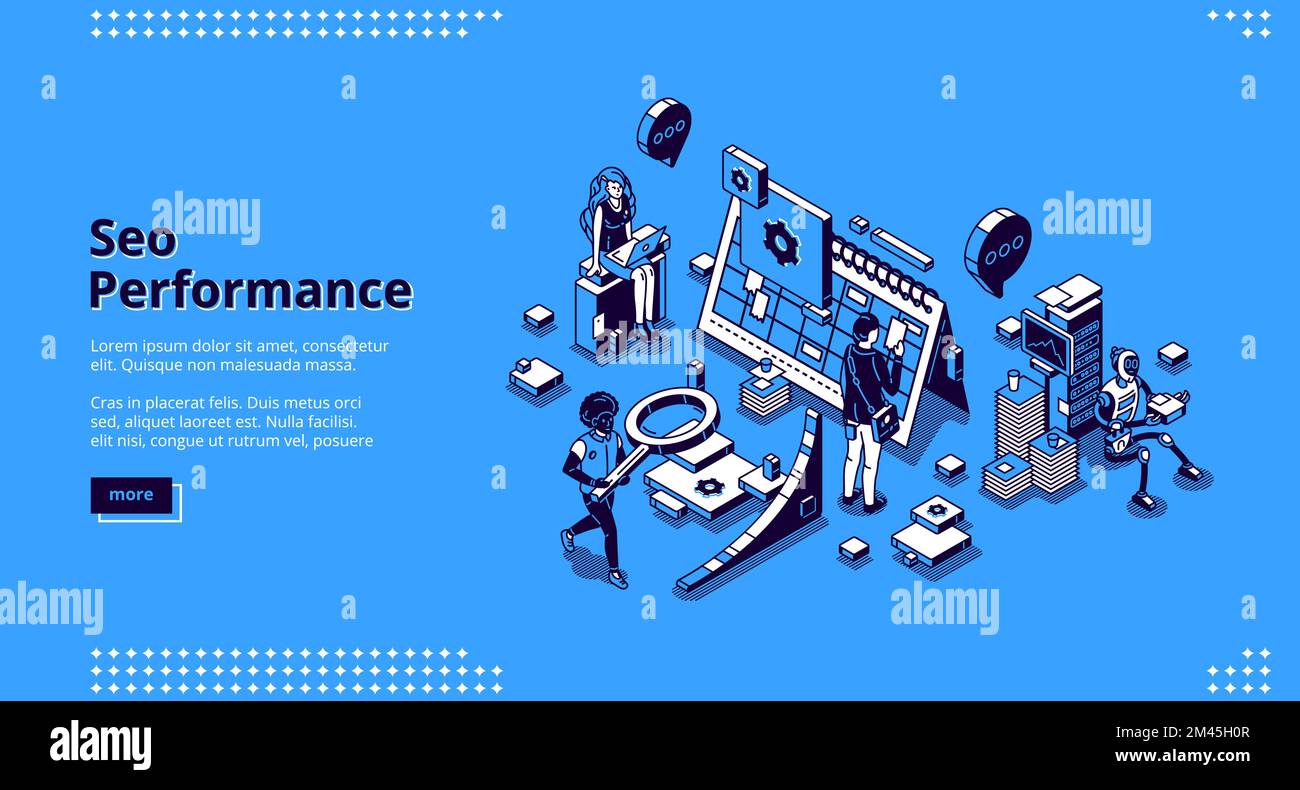 SEO performance isometric landing page. Optimization technology for internet marketing and ...