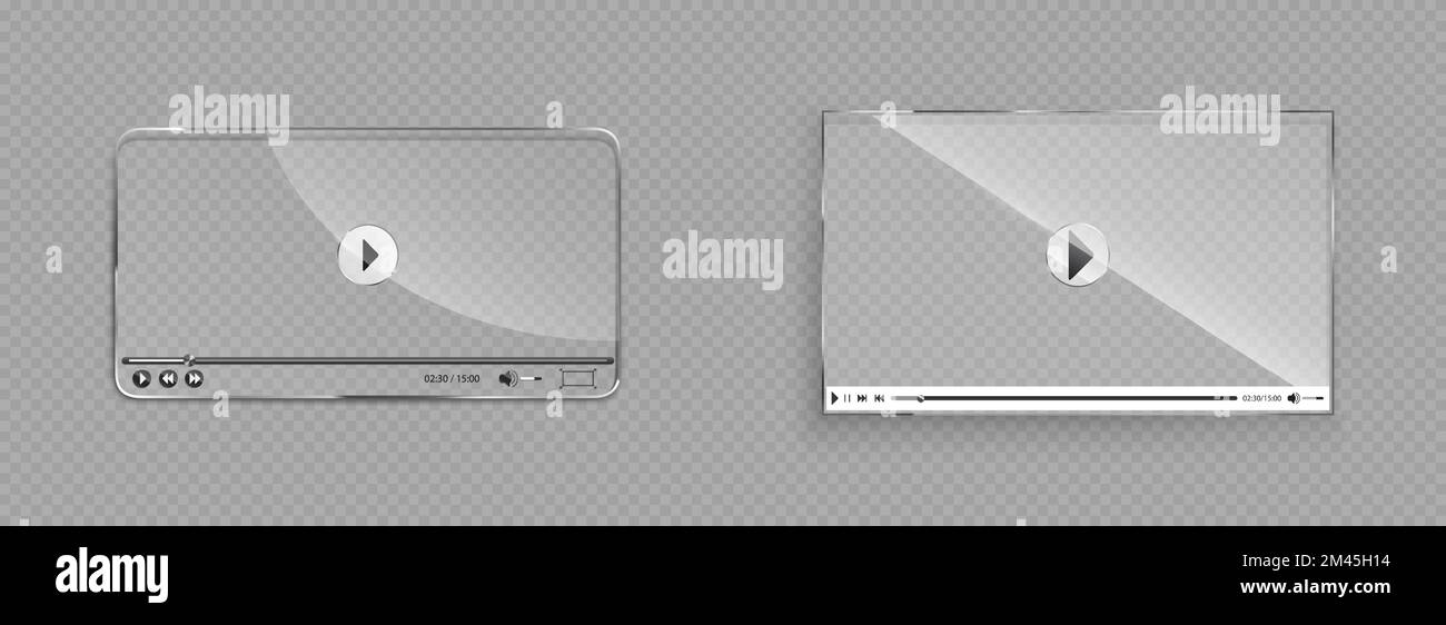 Glass video player interface, transparent window with play, rewind,stop ...